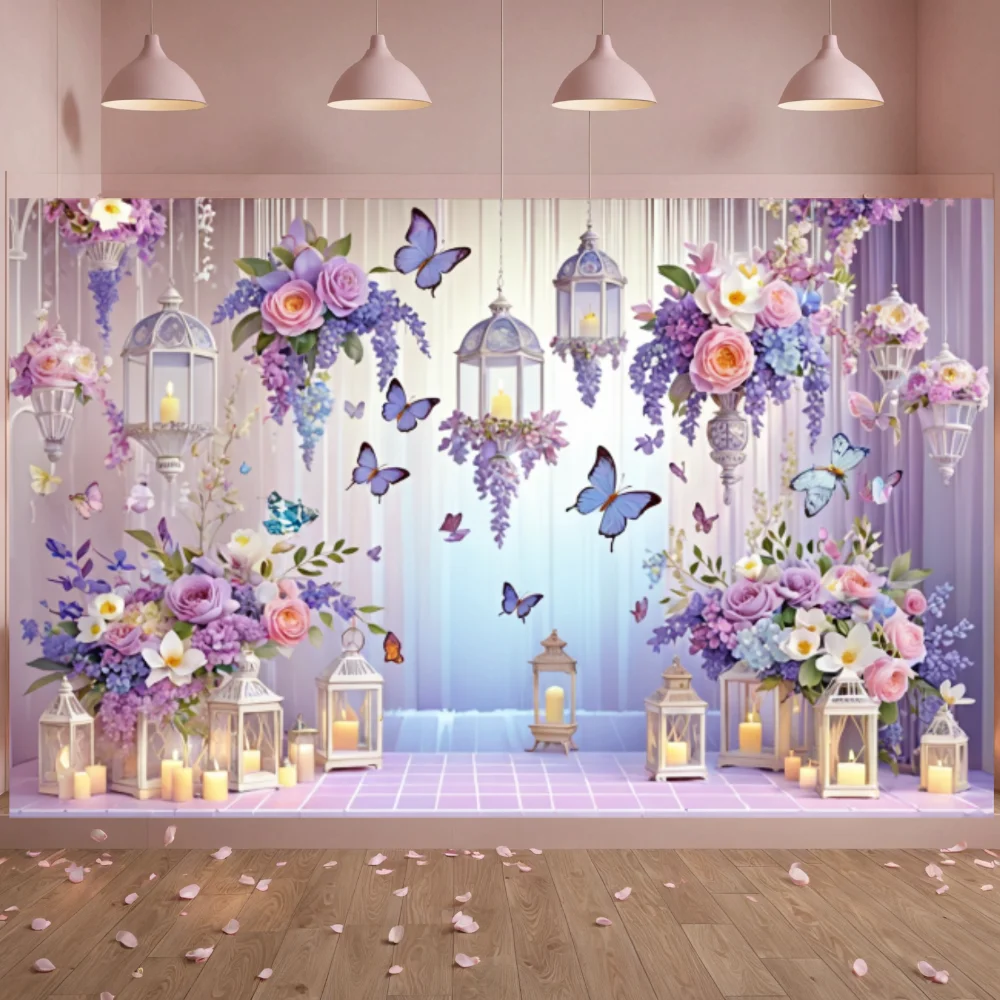 Photography Backdrop Purple Pink Butterfly Party Banner Birthday ...