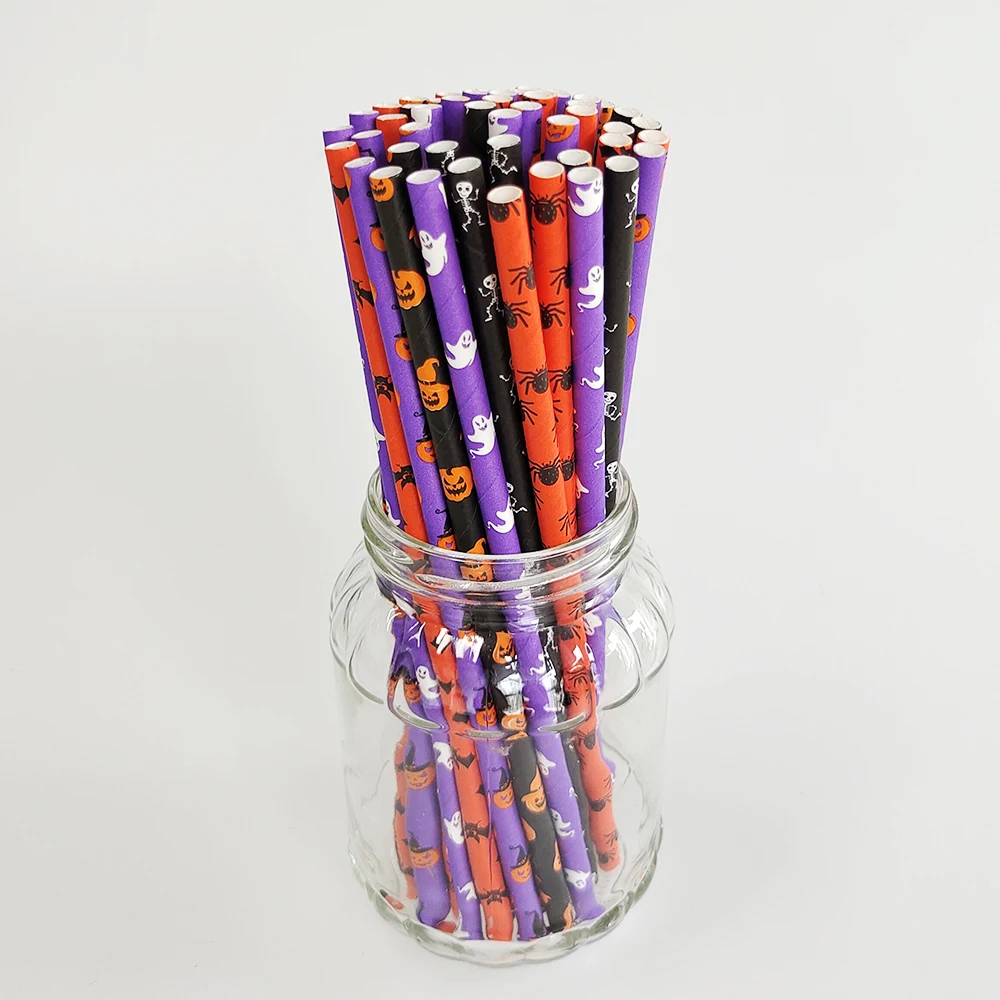25Pcs Halloween Disposable Straws Spider Bat Ghost Pumpkin Paper Straws ...