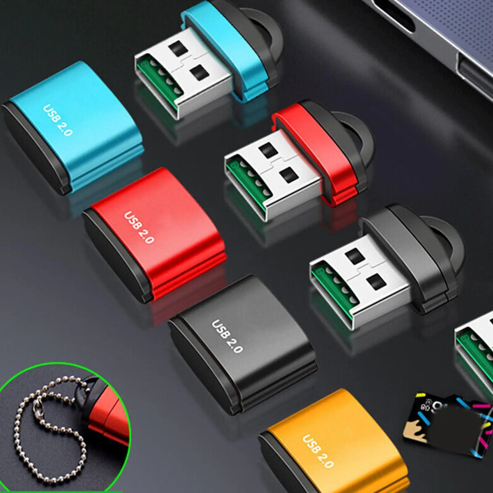 범용 미니 TF 카드 리더 알루미늄 케이스, 체인 USB2.0 T Flash 카드, 휴대폰 메모리 카드, 컴퓨터 스피커 ...