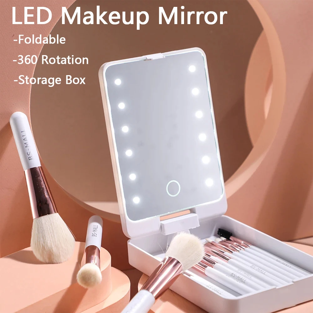 LED-Makeup-Mirror-With-Brush-Storage-Box-Compact-360-Rotation-Foldable ...