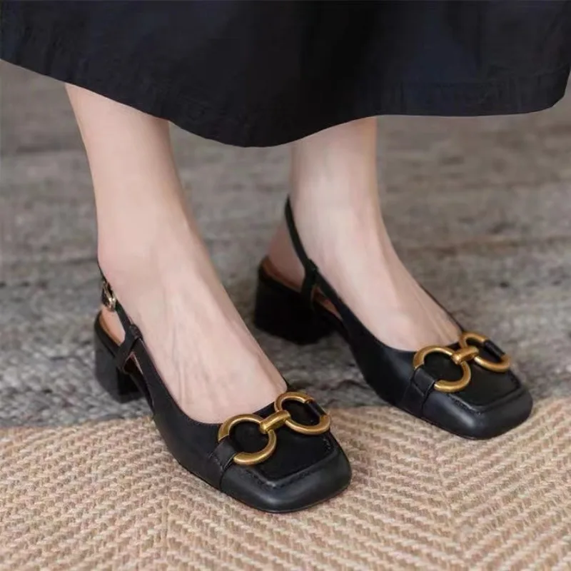 Retro Soft Leather Sandals for Women's Summer Med Heels Soft Bottom ...