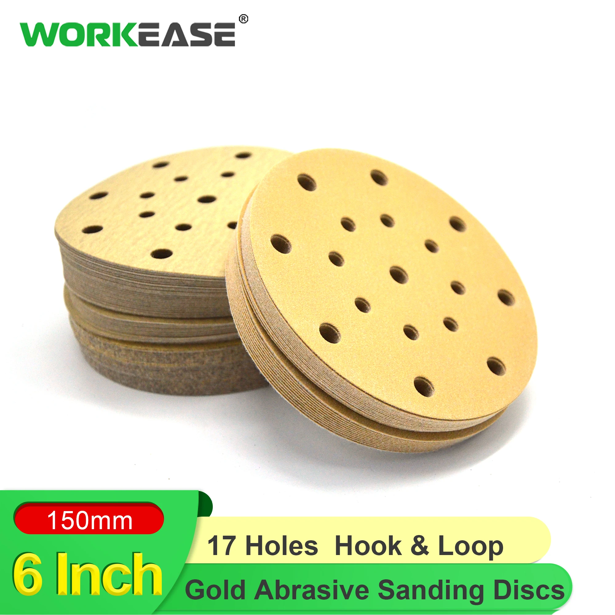 6-Inch-Gold-Sandpaper-Discs-17-Holes-Dust-Free-Anti-Backing-Hook-Loop ...