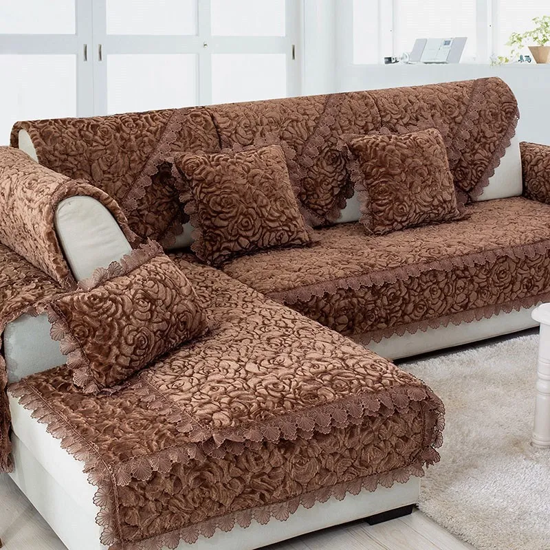 Thicken Plush Fabric Sofa Cover Lace Slip Resistant Slipcover Seat ...