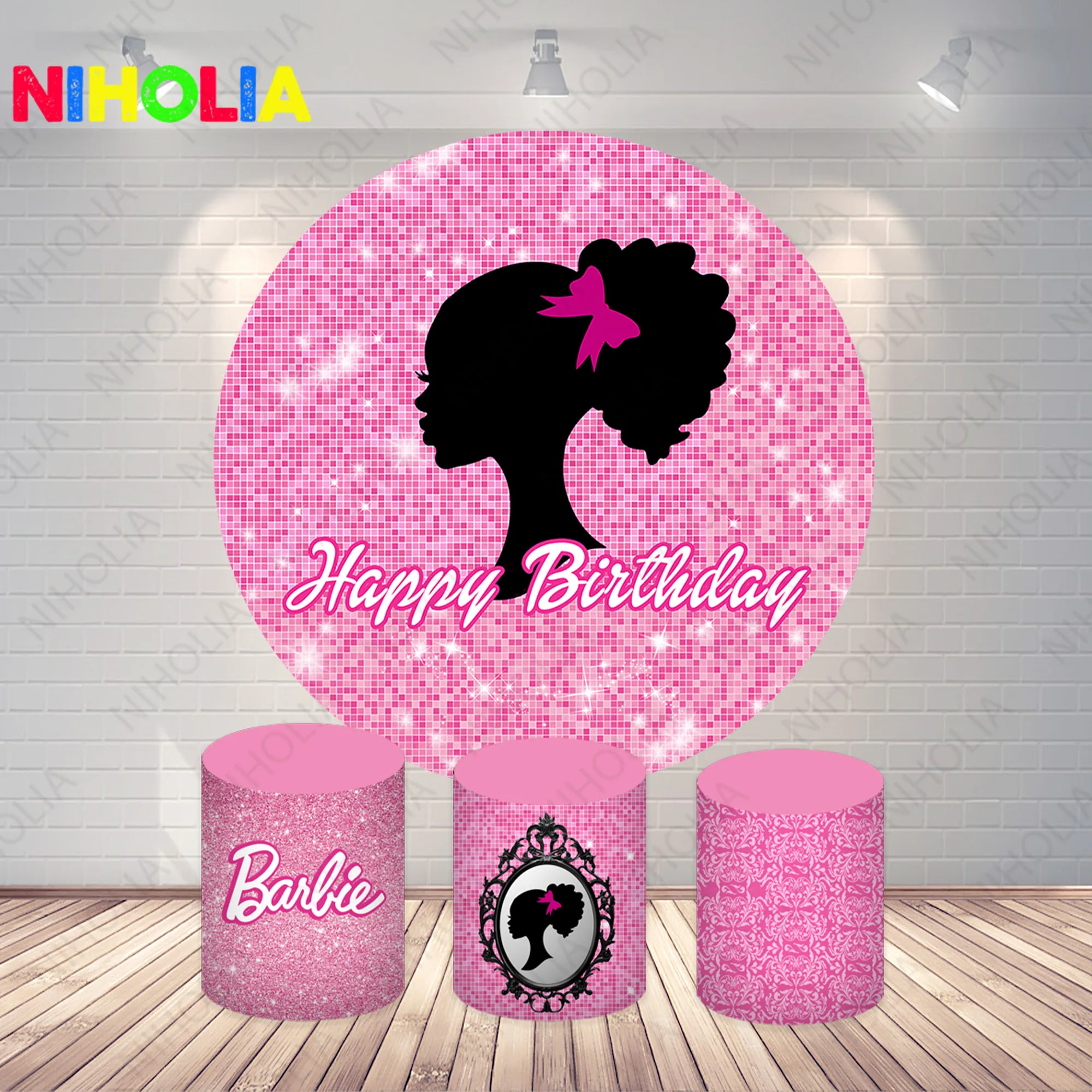 Barbie-Round-Photo-Backdrop-Princess-Birthday-Party-Brunette-Girl ...