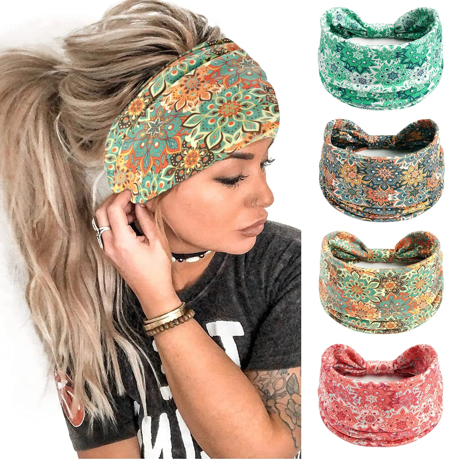 Bohemian Style Printed Wide Headband Headscarf for Women Elastic Sports ...
