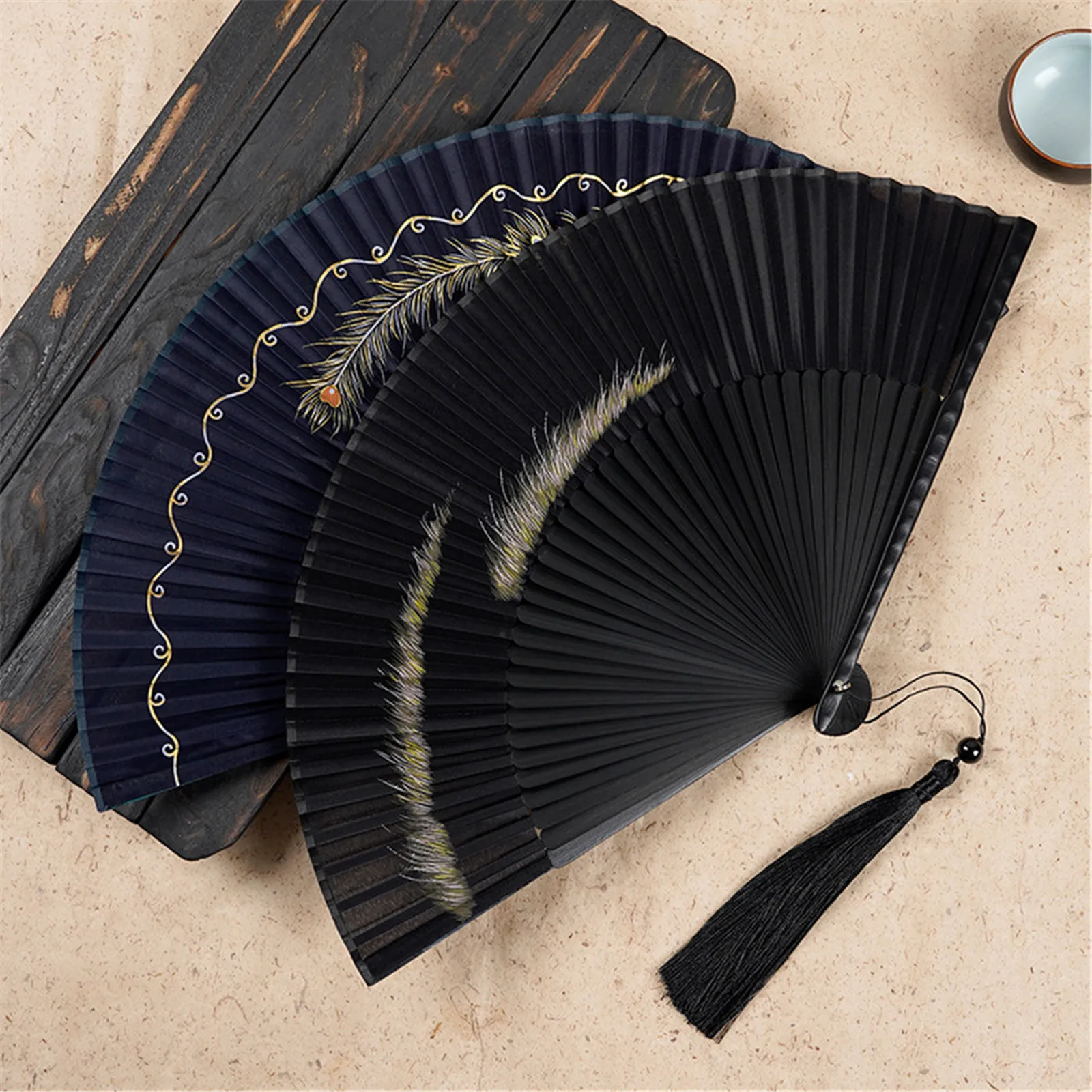 Ancient Fan Folding Fan 6-inch Gold Peacock Feather Folding Fan Head ...