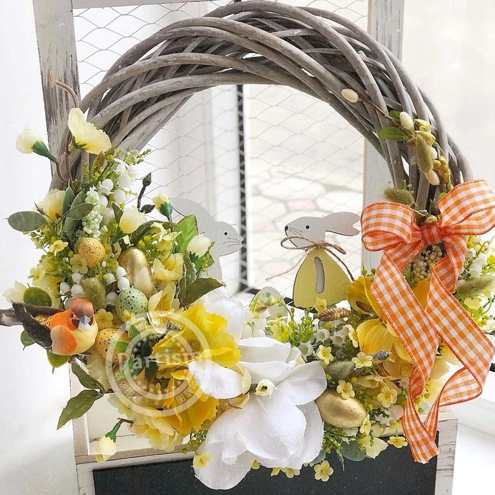 1pc Easter Wooden Rabbit Ornaments With Rattan Wreath For Kids Happy ...