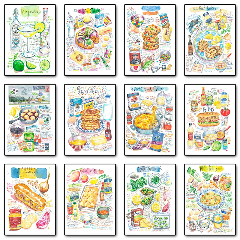 Cheese Cookie Pancake Recipe Illustration Watercolor Food Posters ...