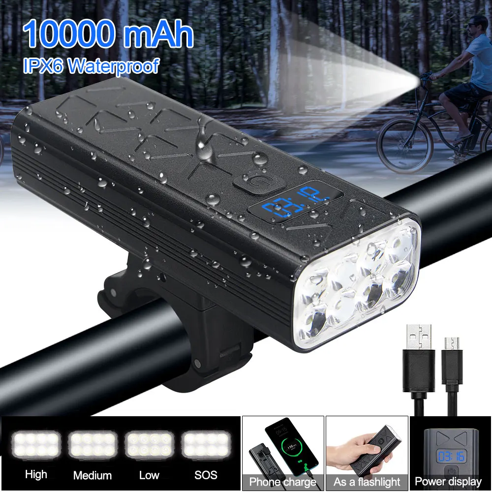 10000 mAh Battery Bike Lamp 5000LM Bright USB Charging Front Handlebar ...