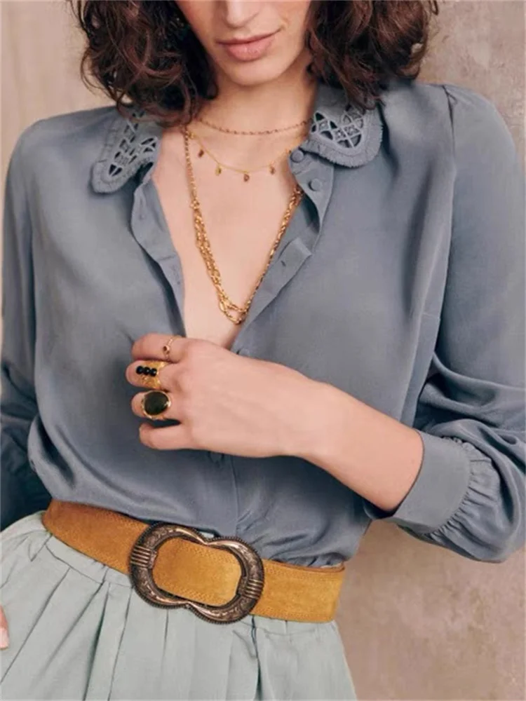 Women-Silk-Soft-Shirts-Lace-Collar-Blouse-Single-Breasted-White-Orange ...