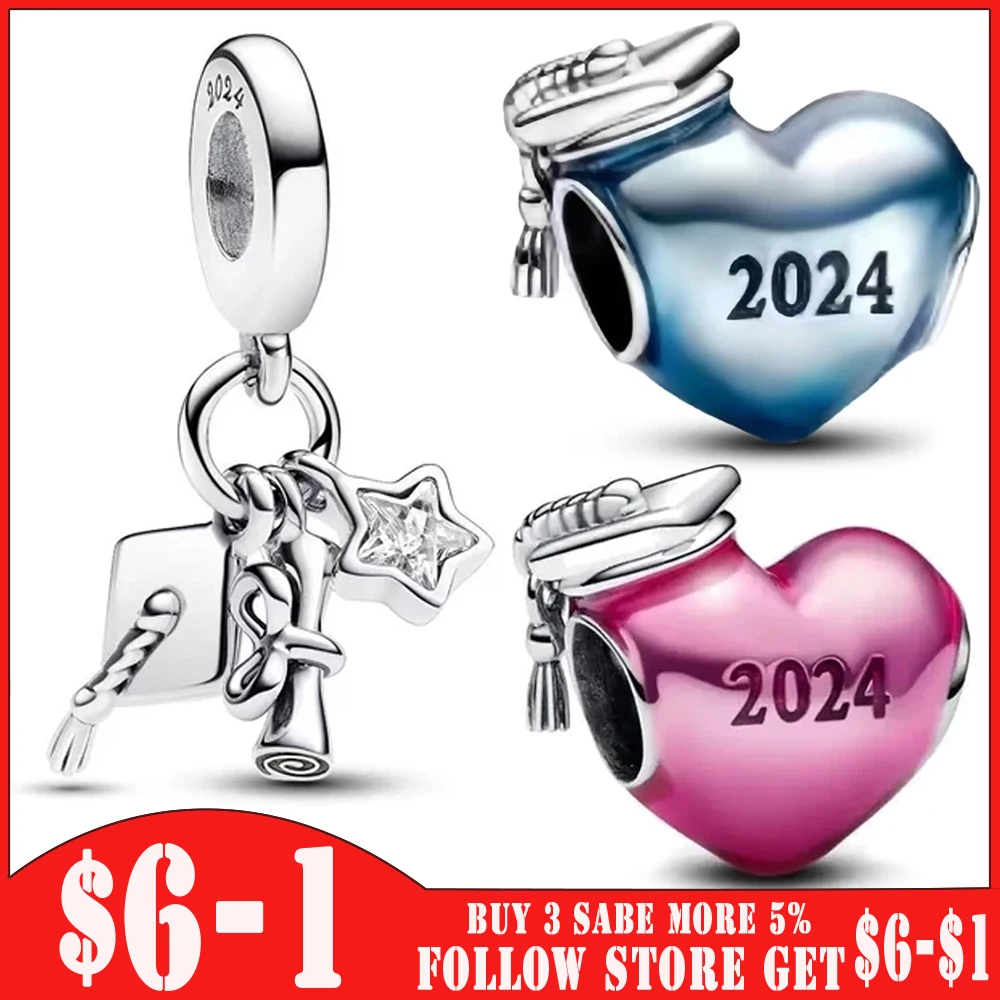 New-925-Sterling-Silver-2024-Pink-Blue-Enamel-Heart-Graduation-Triple-Dangle-Charm-Bachelor-Cap ...