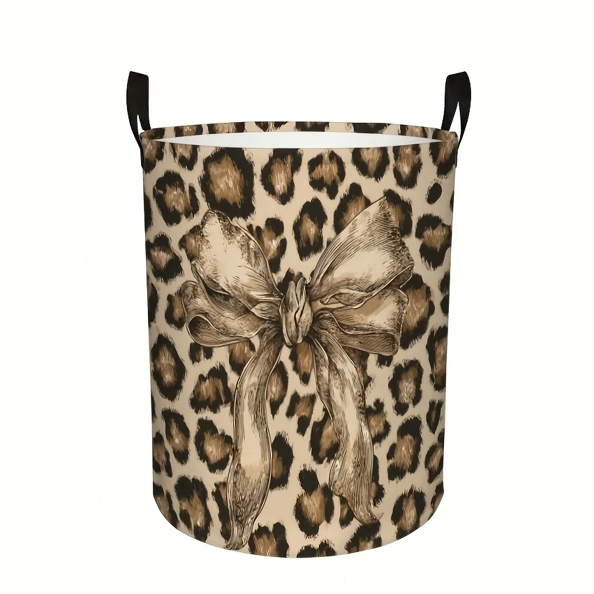 Leopard-Print Bow Laundry Basket with Sturdy Handle Contemporary Round ...