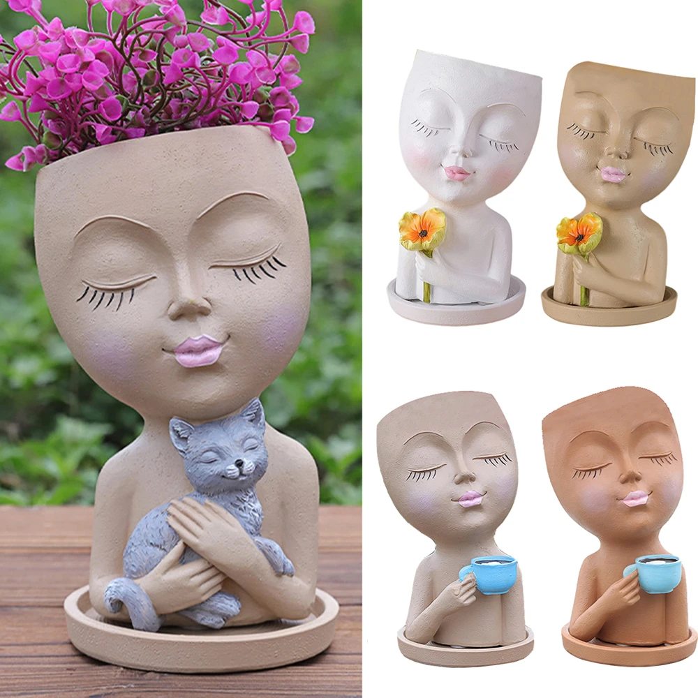 Girls Face Head Figurine Flower Pot Resin Succulent Plant Pots Garden ...