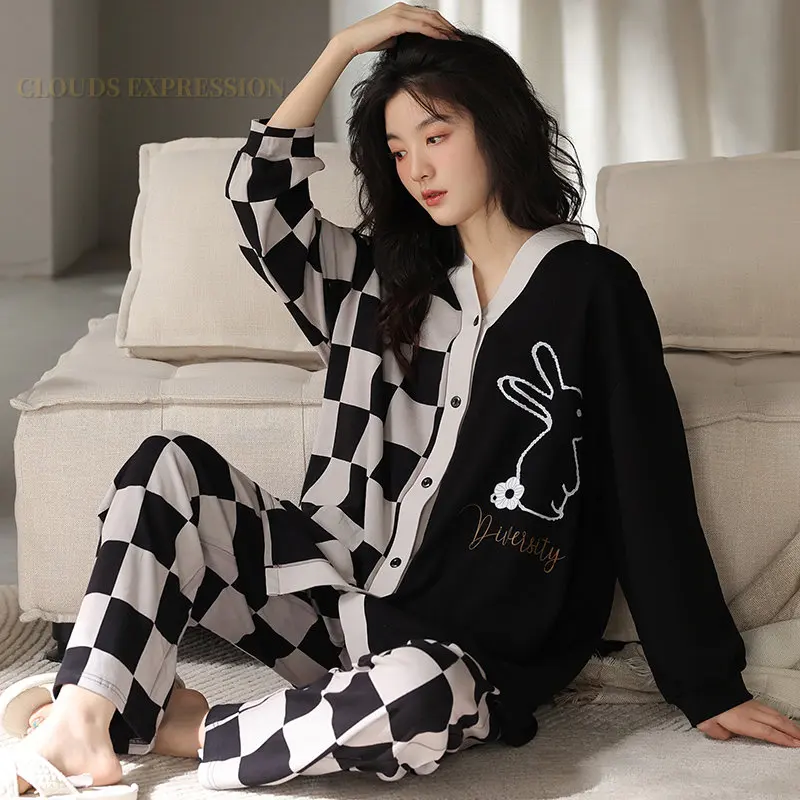 Spring-Plaid-Elegant-Women-Pajama-Sets-Female-Pyjamas-V-neck-Girls ...