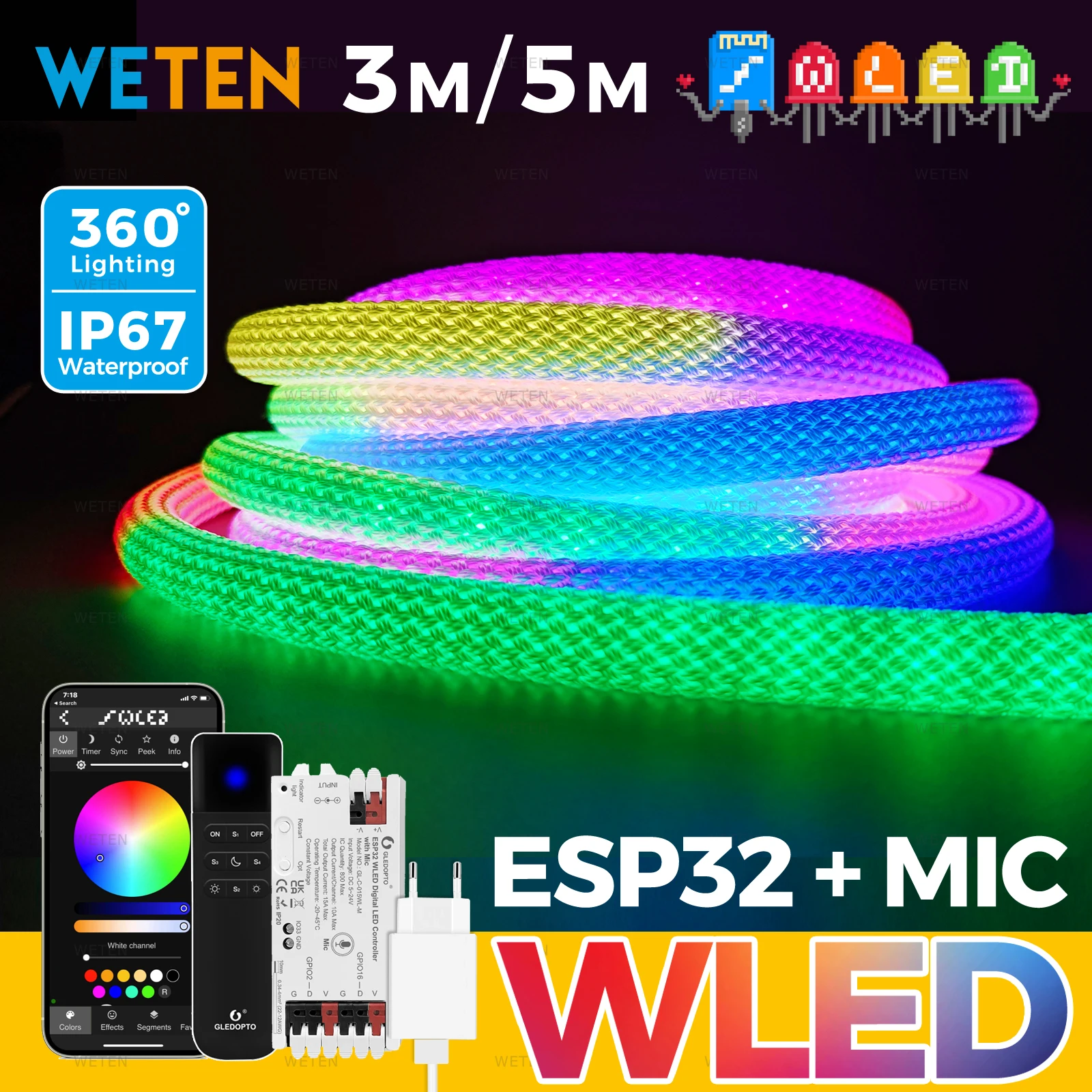 WLED-Wifi-inteligente-360-tubo-redondo-RGBIC-Kit-de-tira-de-luces-Led ...