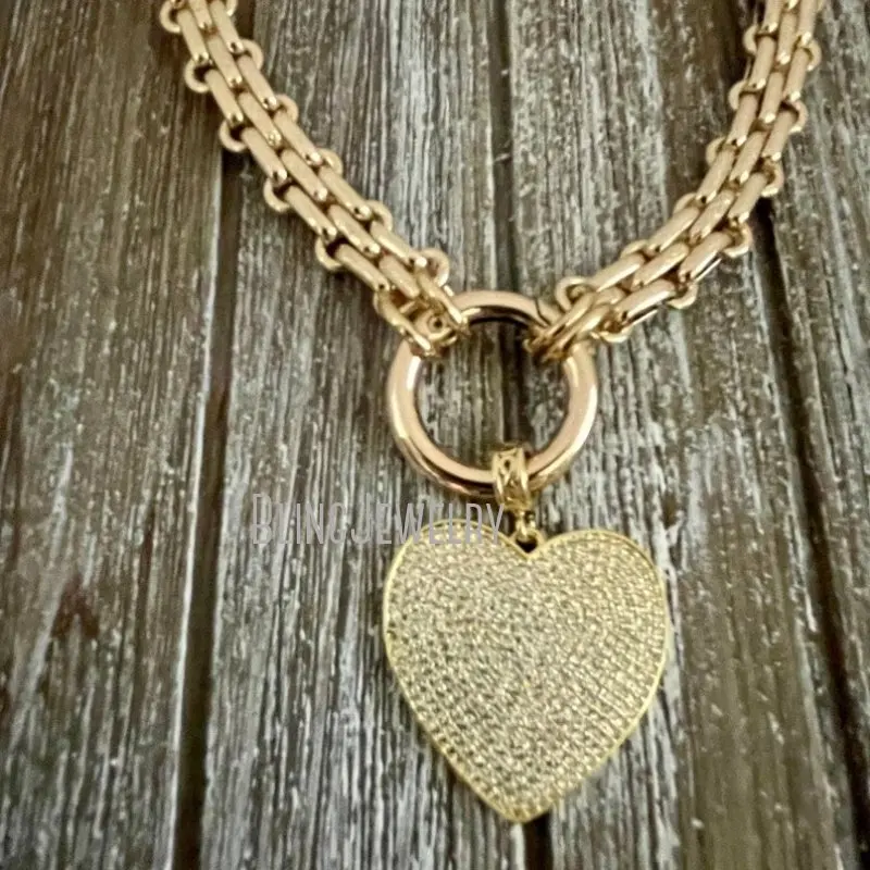 10pcsNM44338-Multilink-Chain-Necklace-Choker-Micro-Pave-Heart-Pendant ...