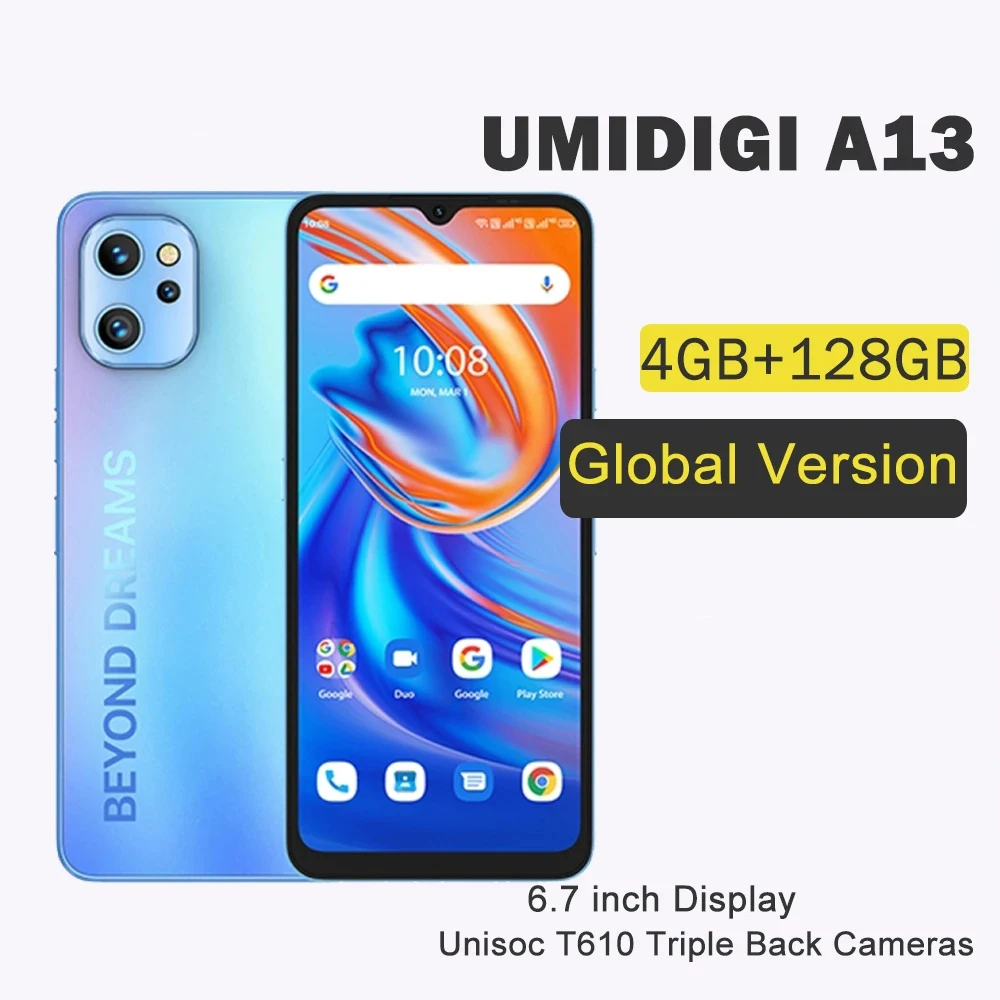 UMIDIGI A13 스마트폰 글로벌 버전, 4GB RAM, 128GB ROM, 6.7 인치 HD + 안드로이드 11 ...