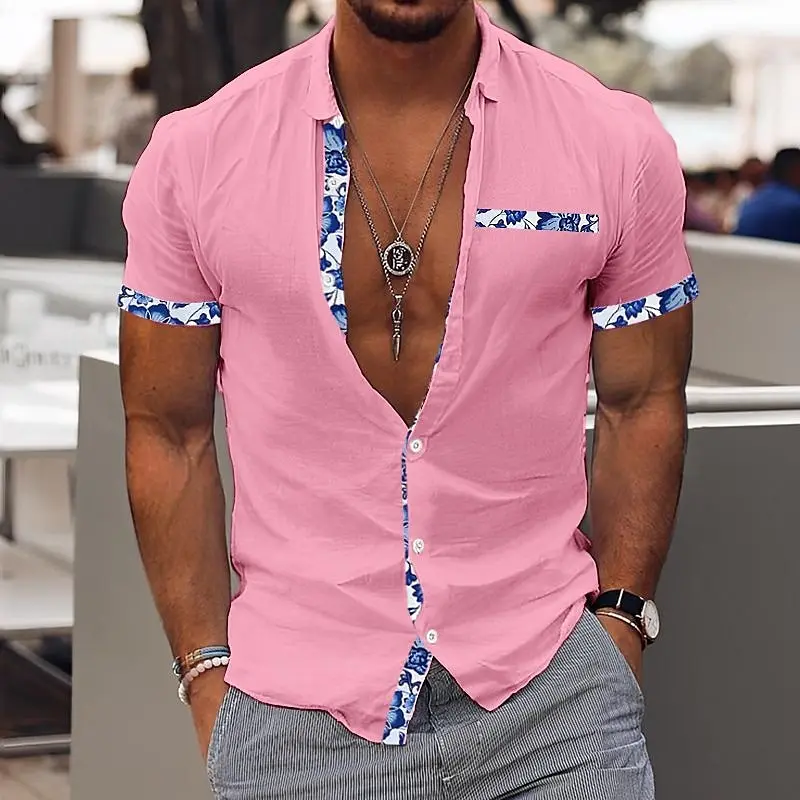 Fashionable Men's Hawaiian Shirt Casual Solid Color Printed Beach ...