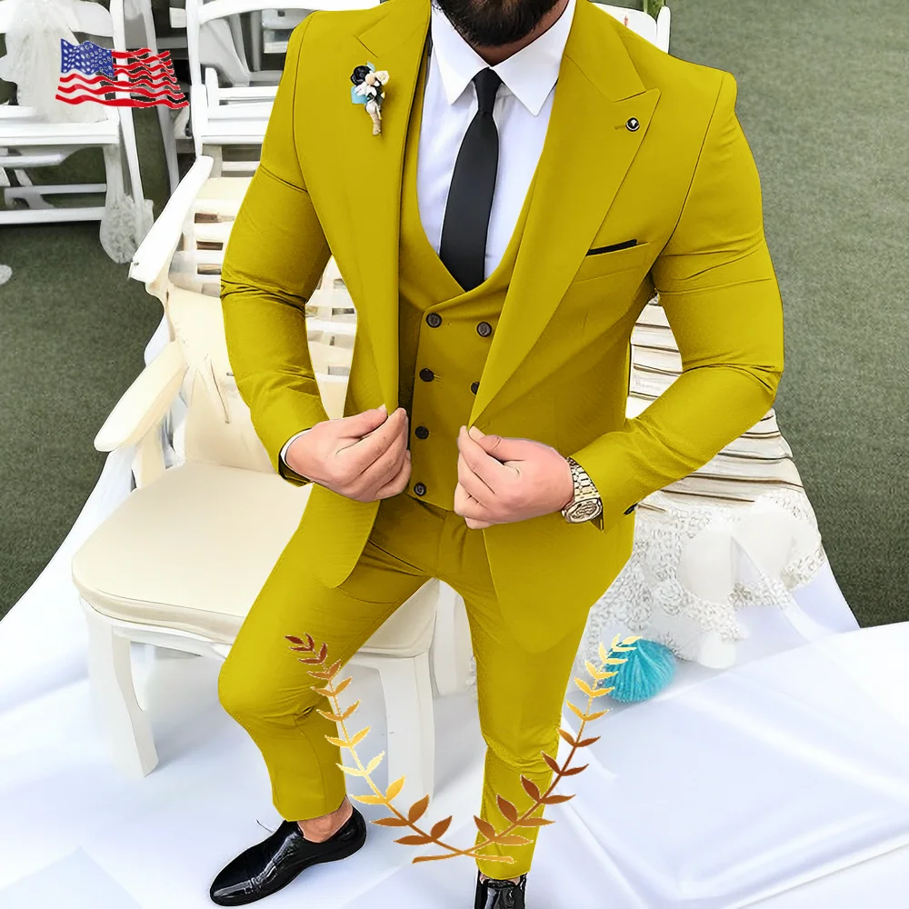 Yellow Handsome Men's Suit Wedding Tuxedo Groom Formal Jacket Pants ...