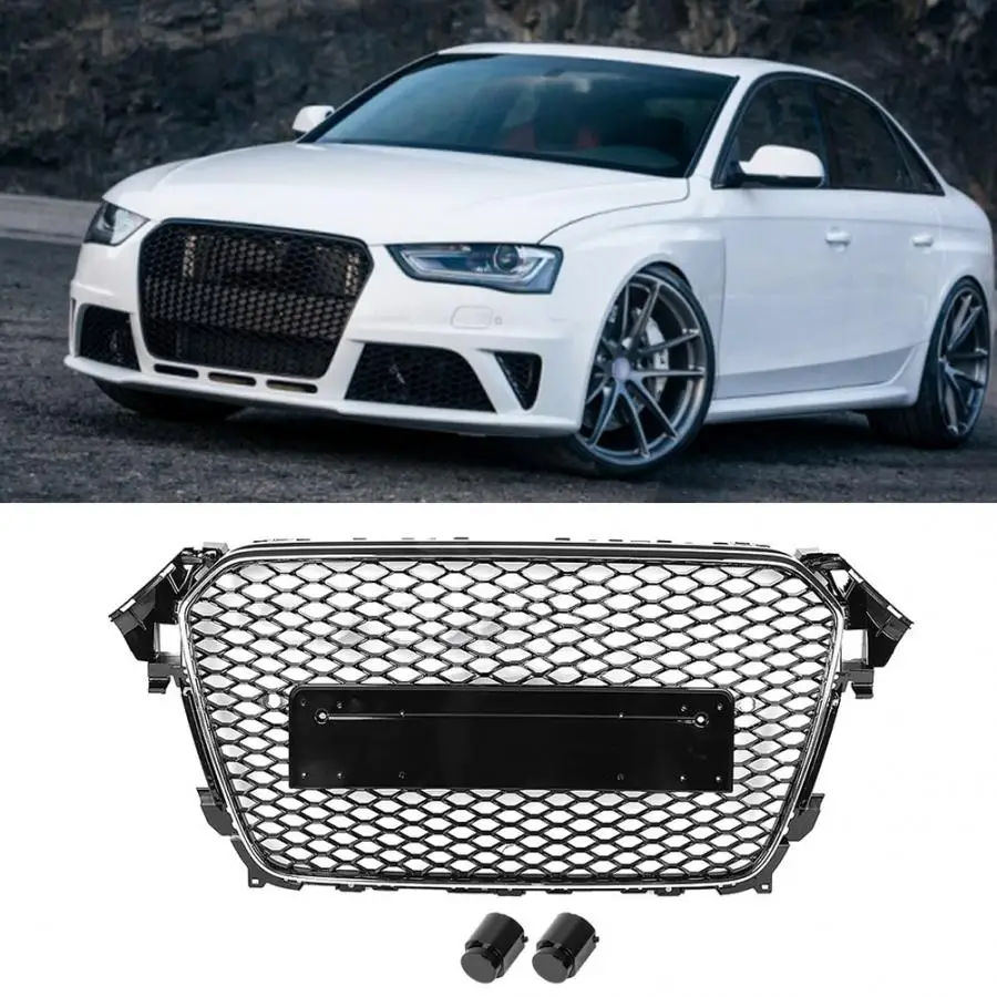For RS4 Style Chrome Frame Black Grill Front Sport Hex Mesh Honeycomb ...