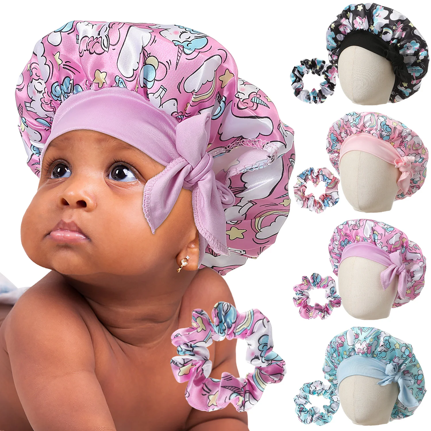 2PCS/LOT New Kids Cartoon Printed Satin Bonnet with Hair Band ...