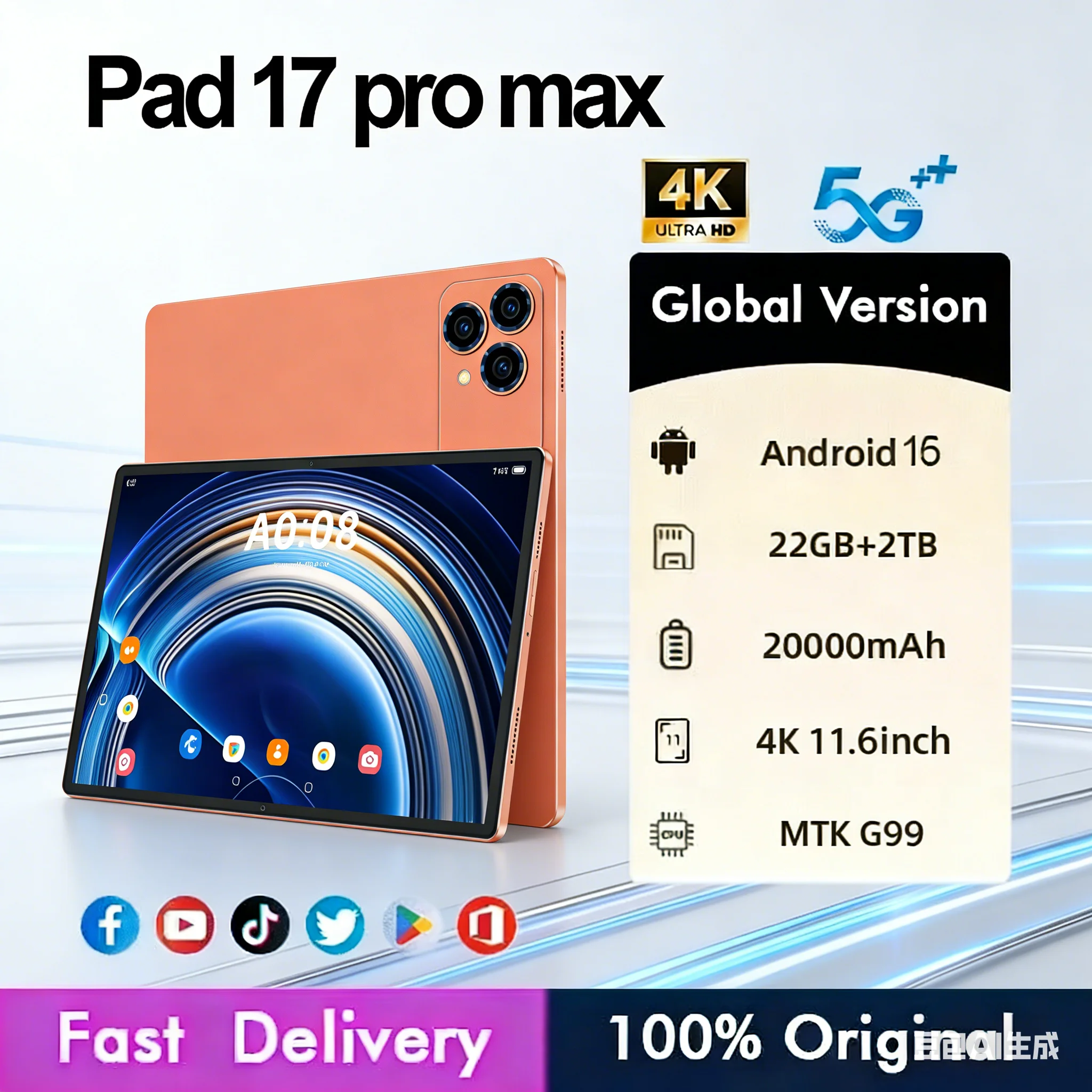 Android Pad 17 Pro Max Global Original Tablet MTK G99 4K HD 11.6-inch ...