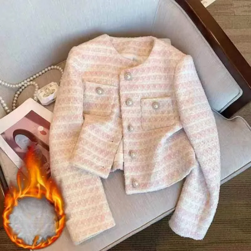 French-Sweet-Coarse-Woolen-Down-Jacket-Women-Fashion-Plaid-Round-Neck ...