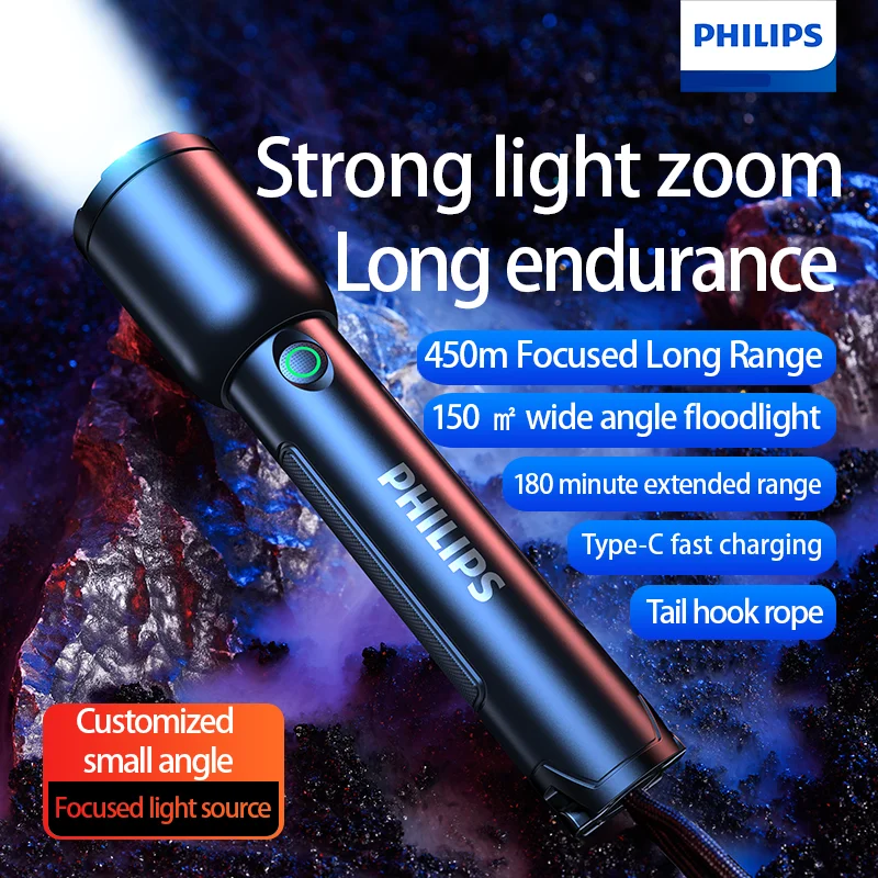 PHILIPS 2023NEW led flashlight camping lanterna fishing zoom 450m long ...