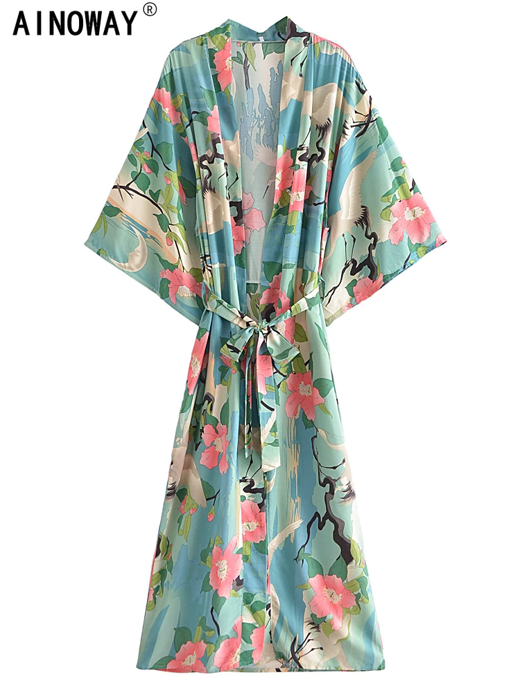 Vintage-Green-Crane-Floral-Print-Rayon-Cotton-Sashes-Bohemian-Kimono ...