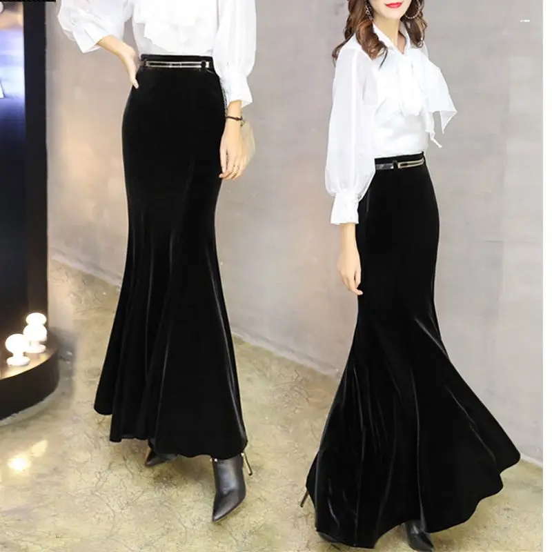 Ruffles-Spliced-Fish-Tail-Velvet-Skirt-Women-Mermaid-Skirts-Autumn ...