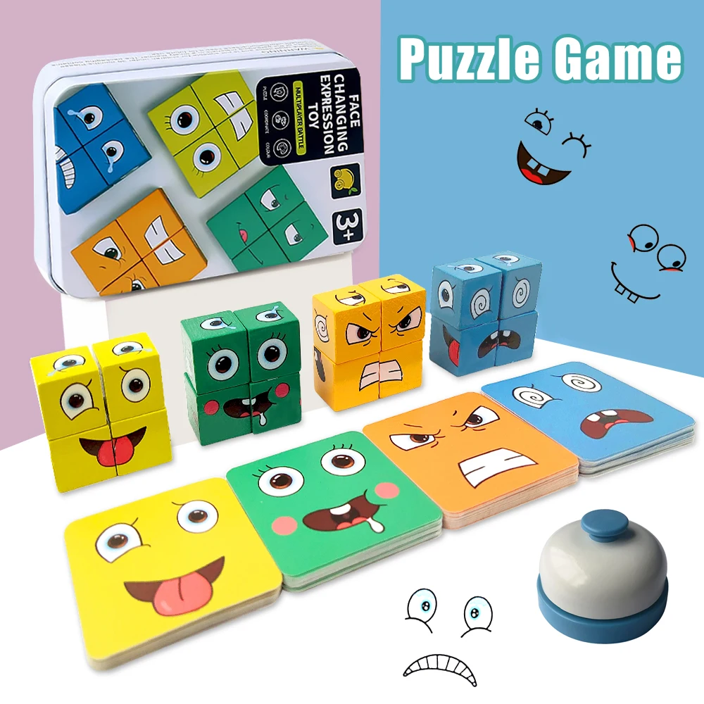 Kids Face Change Cube Game Montessori Expression Puzzle Building Blocks ...
