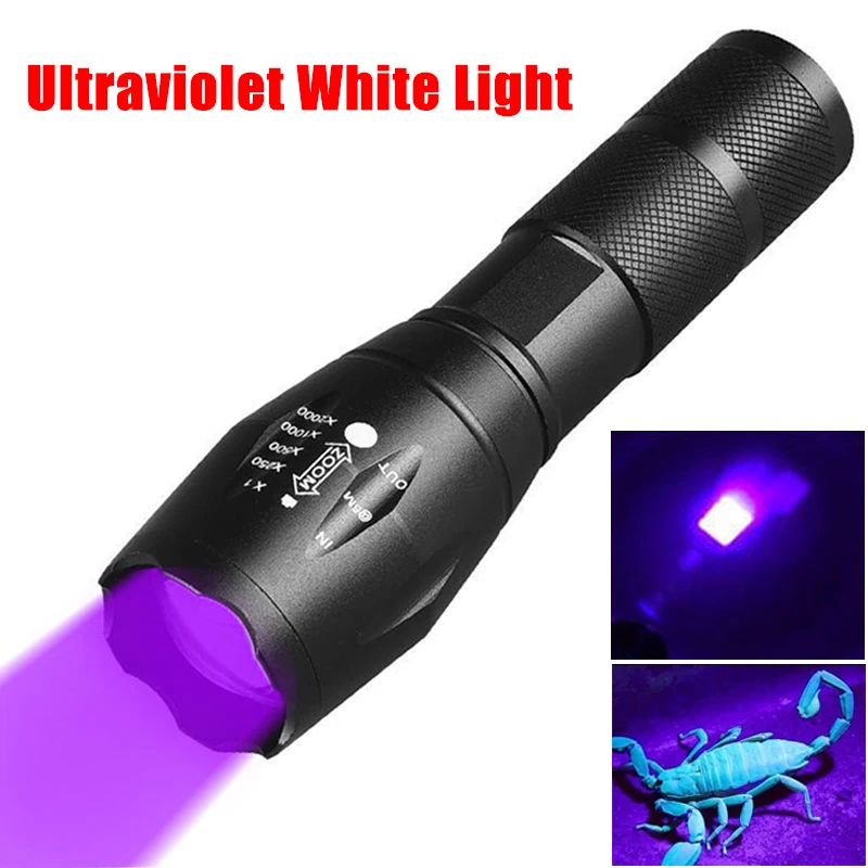 Purple White Dual Light Flashlight Ultraviolet Torch Zoom Retractable ...