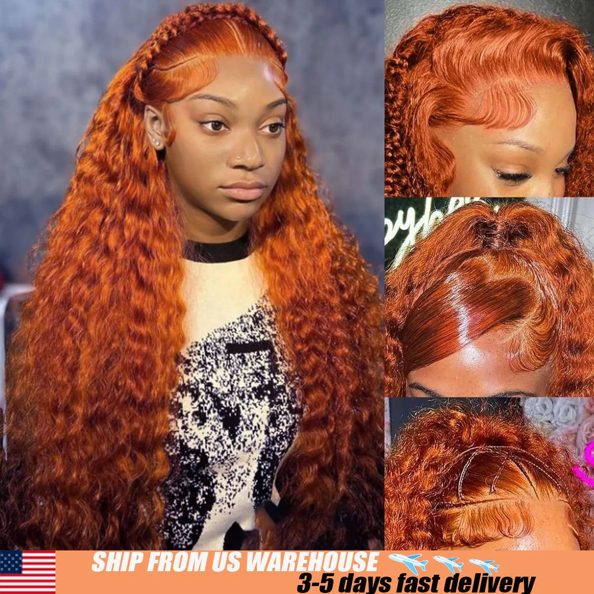 350 Ginger Human Hair Wig Curly Human Wig Water Wave 13x6 Frontal Wig ...