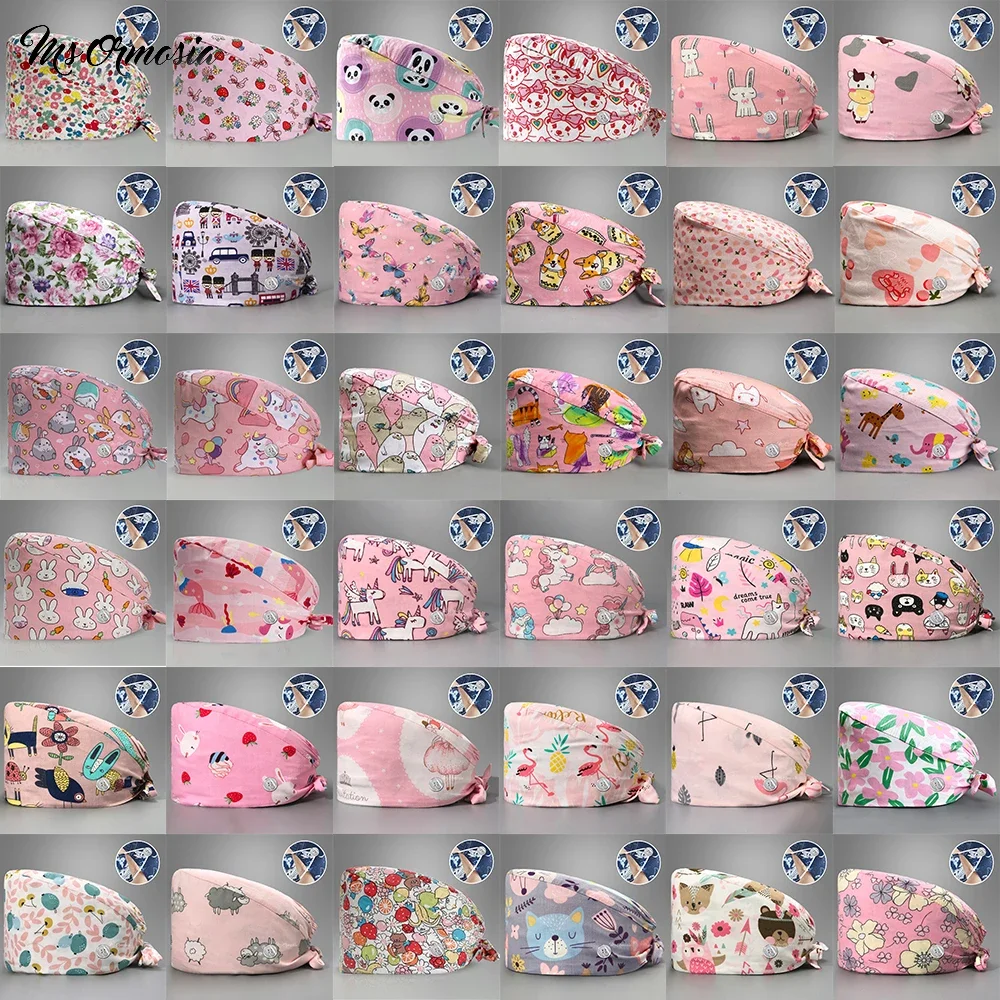 Nurse-Scrubs-Cap-Adjustable-Scrubs-Hat-Unisex-Cotton-Pink-Print-Nursing ...