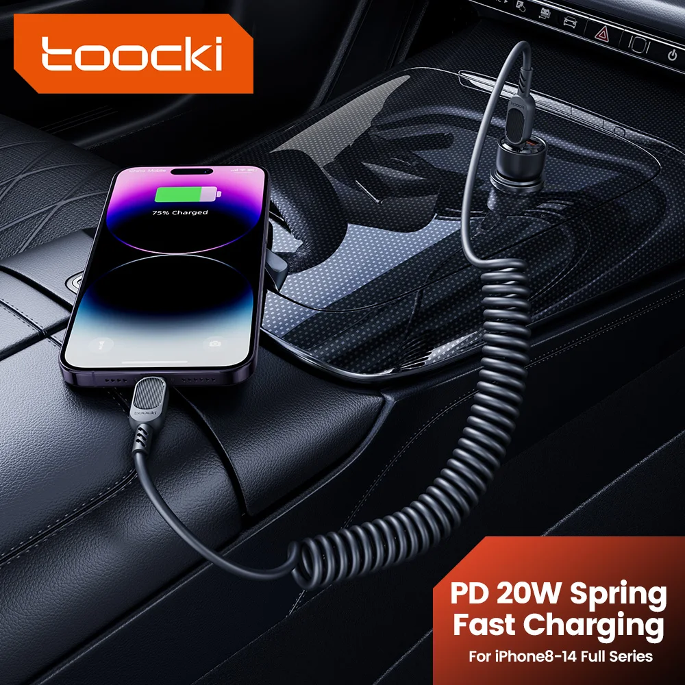 Toocki USB C Lightning Cable Spring Retractable Car Phone Charger Fast ...