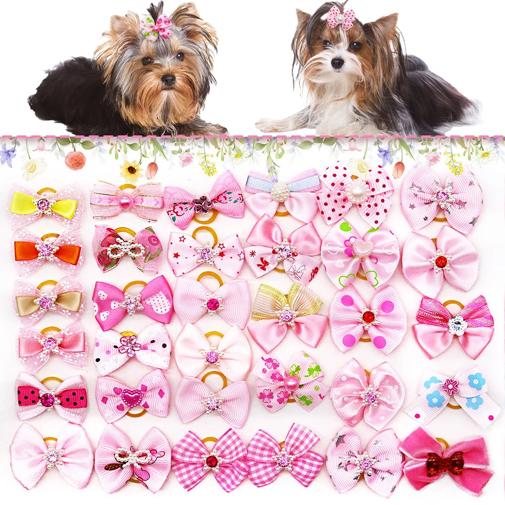 10/20PCS Pink Style Dog Bows With Rubber Bands Diamonds Cute Dog ...