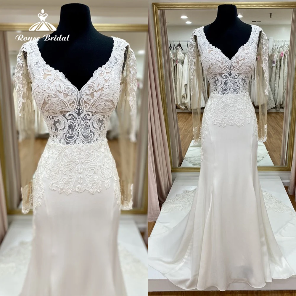Exquisite Lace Mermaid Wedding Dress 2023 Sexy V Neck Appliques Full ...