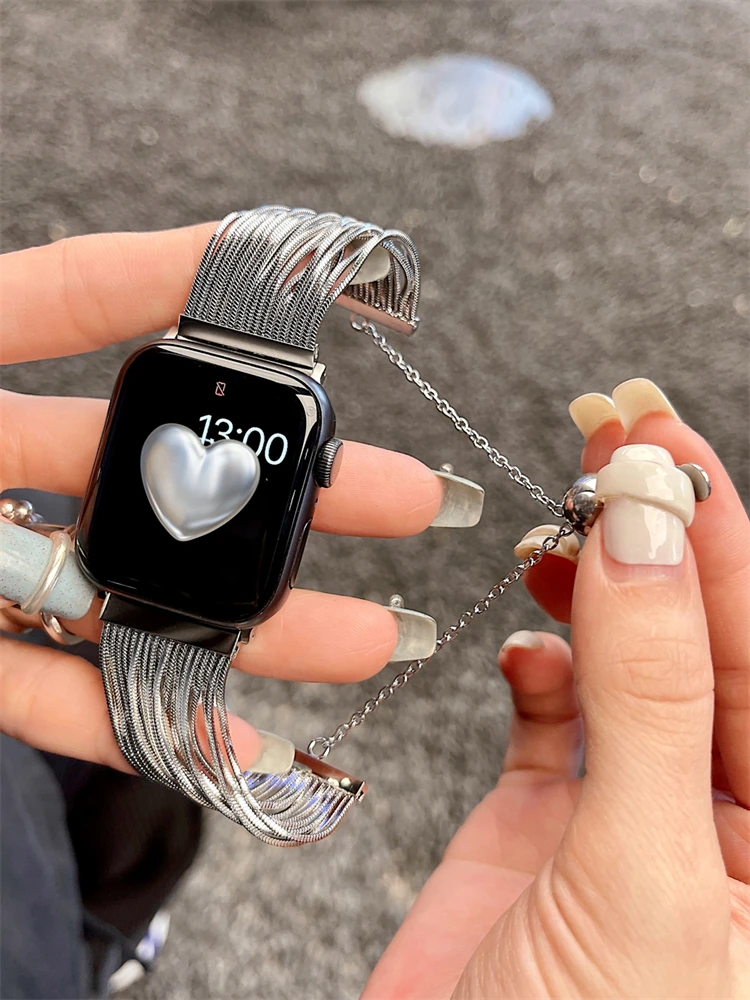 Luxury Streamer Silver Tassel Metal Strap For Apple Watch Band 8 7 6 SE ...