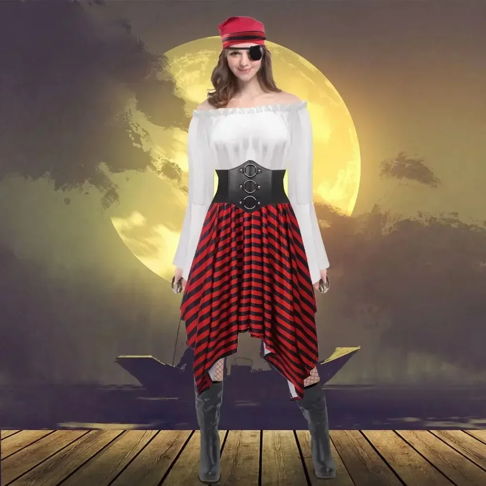Caribbean Women Cosplay Medieval Pirates Costume Tops Skirt Bracelet ...