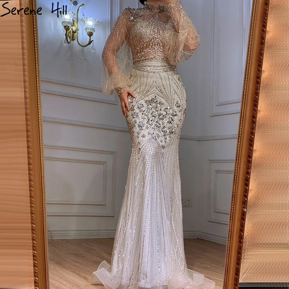 Silver Mermaid Luxury Evening Dresses Gowns Long 2021 Full Sleeves ...