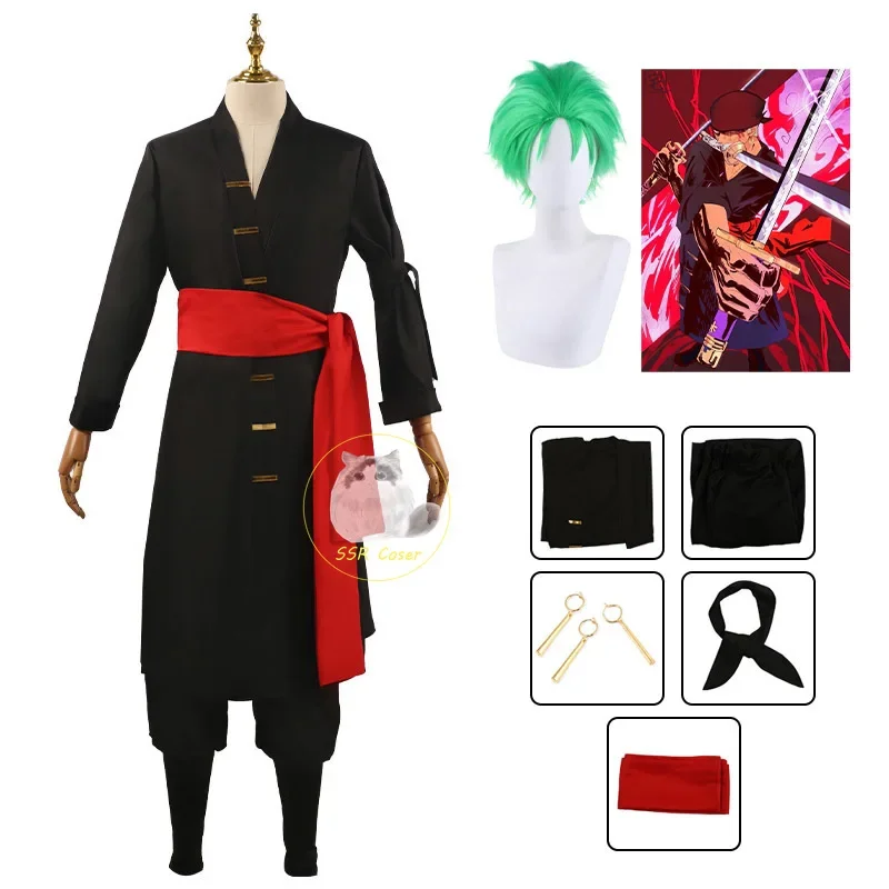Anime-Roronoa-Zoro-Cosplay-Costume-Uniform-Black-Coat-Belt-Pants-Head ...