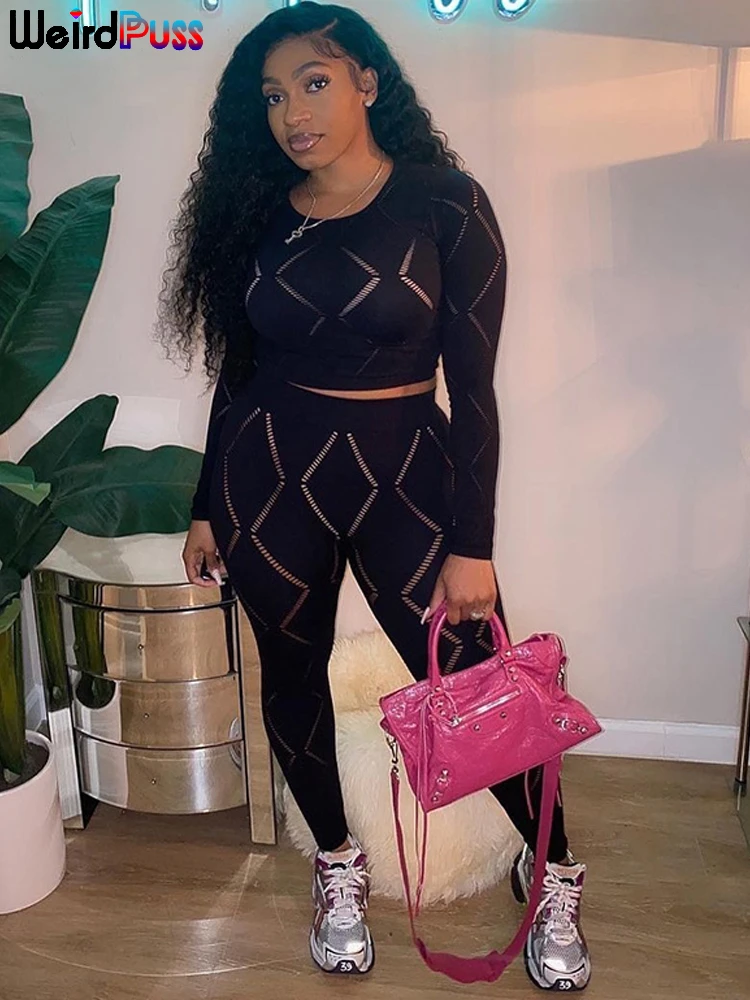 Weird Puss Hollow Tracksuit Women 2 Piece Set Sporty Elastic Long ...