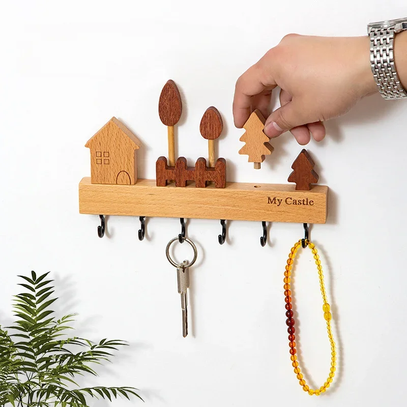 Creative-Wooden-Wall-Mounted-Key-Storage-Rack-with-6-Hooks-Wall-Key ...