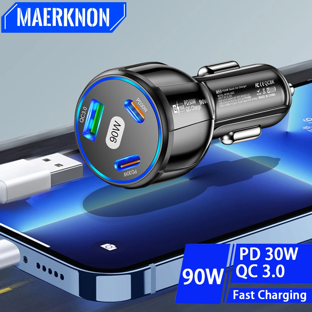 90W Car Charger USB Type C PD Fast Charging Quick Charger QC PD 3.0 For iPhone 15 14 Xiaomi 13 ...