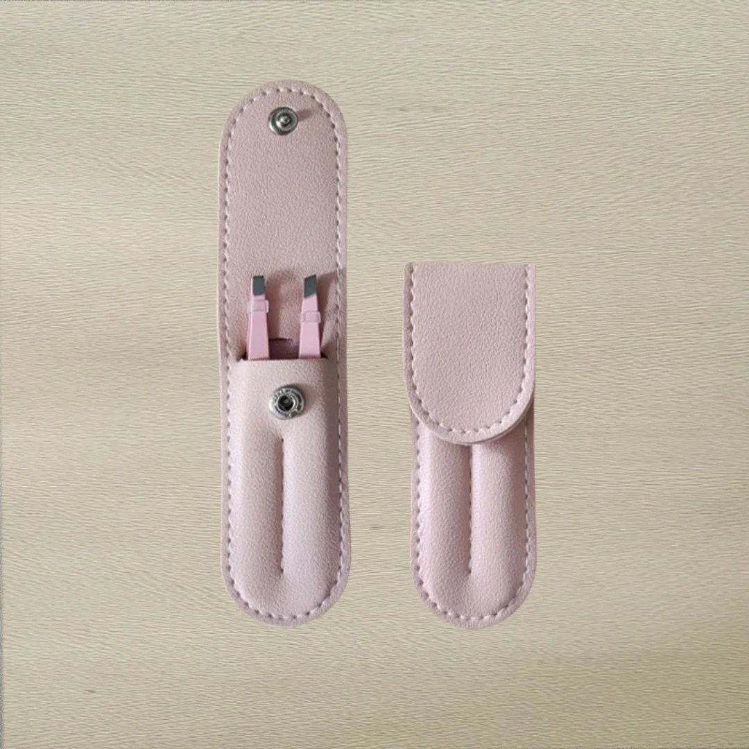 Pink color stainless steel tweezers set with leather storage box (two ...
