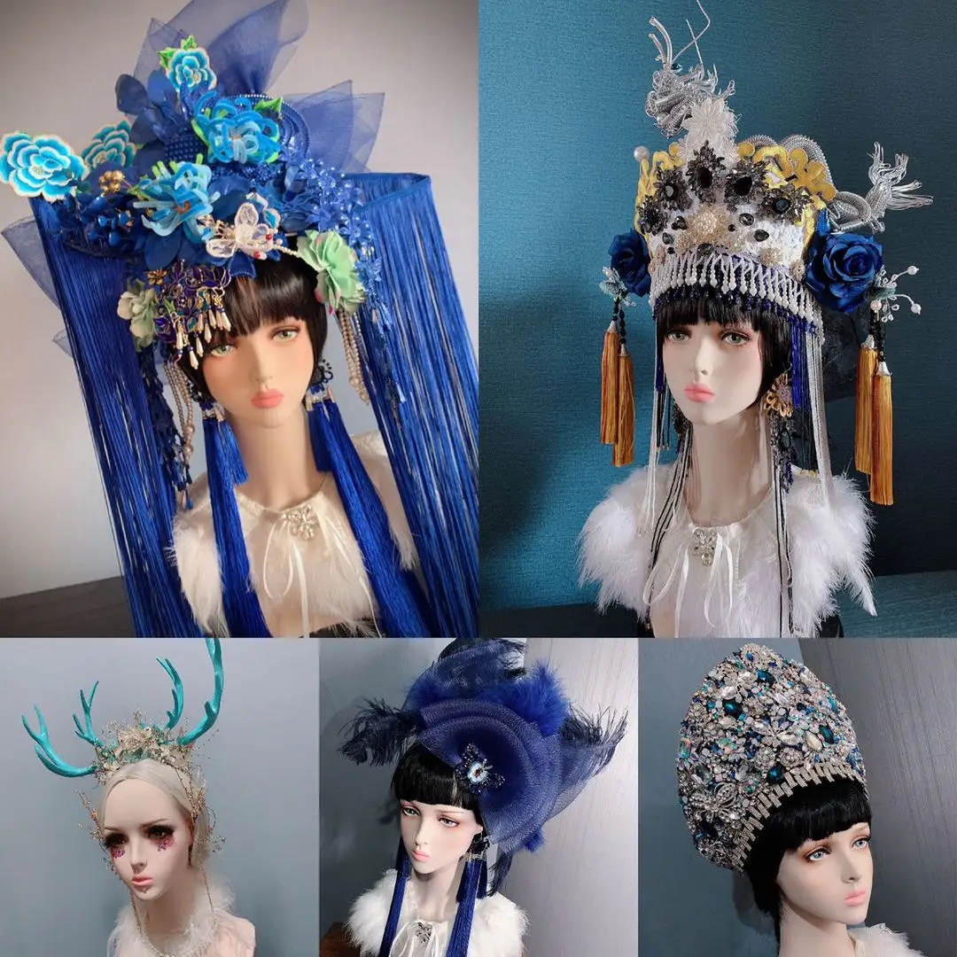 Chinese National Trend Blue and White Porcelain Style Hair Tiara Stage ...