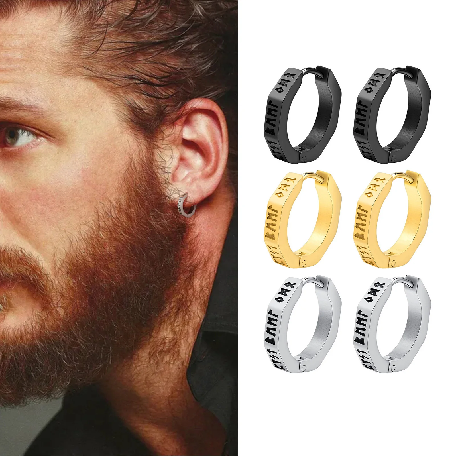 North Viking Hoop Earrings for men Stainless steel Octagon Runes Round ...
