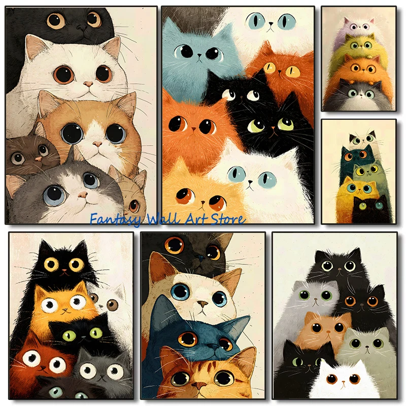 Stack of Cute Cartoon Cats Illustration Nursery Art Cute Cartoon Kitten ...