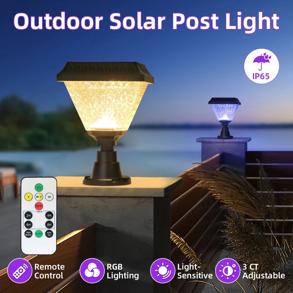 Timed Outdoor Solar Pillar Lights IP65 LED Garden Fence Light Remote ...