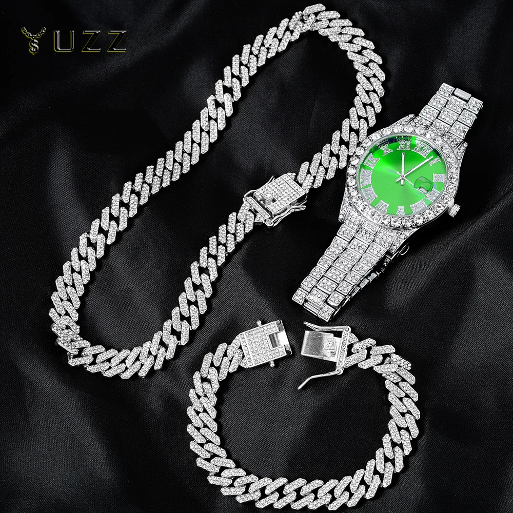 Silver Color Cuban Chain Watch Suit for Men Hip Hop Miami Curb Iced Out ...